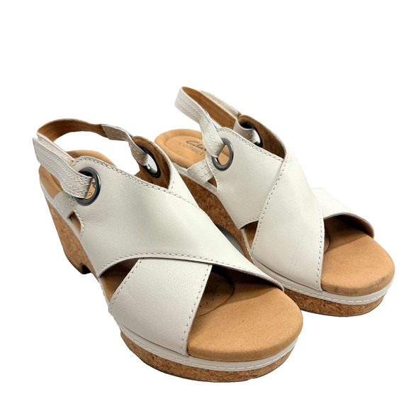 Clarks | Shoes | Clarks Womens White Leather Cork Wedge Sandals 75 ...